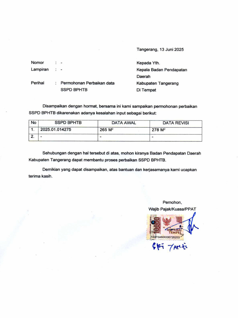 Permohonan Perbaikan SPPD BPHTB 2025.01 | PDF
