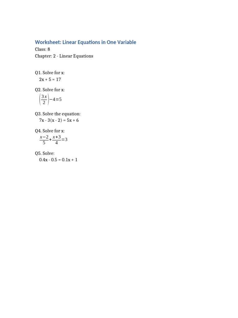 Class8 Linear Equations Worksheet | PDF