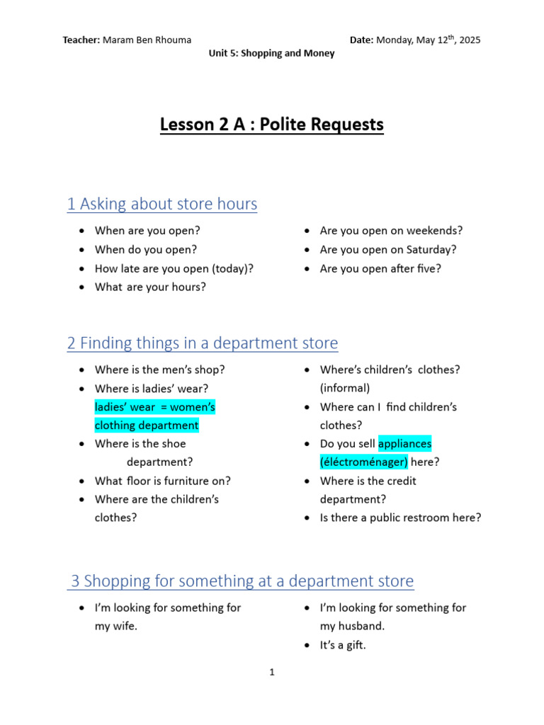 Polite Requests Lesson | PDF | Clothing