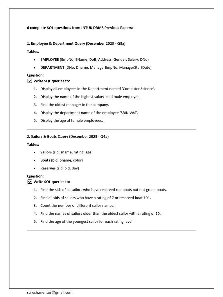 6 Complete SQL Questions From JNTUK DBMS Previous Papers | PDF | Data Management Software | Aviation