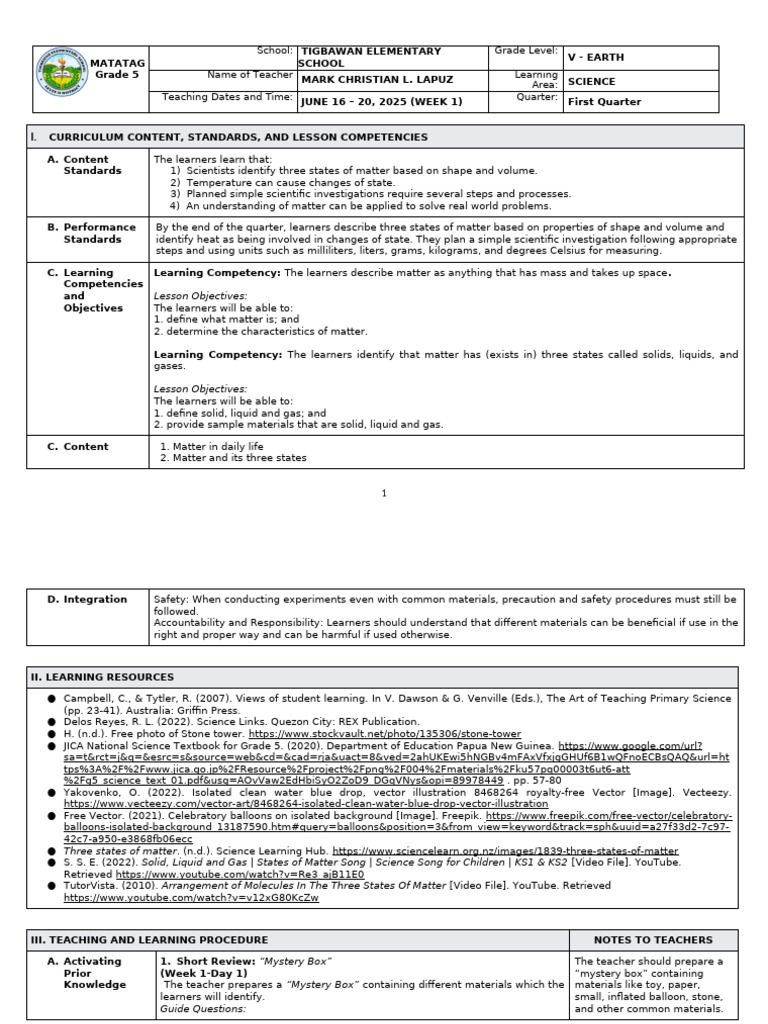 Science 5 DLL Matatag - q1 - w1 | PDF | Matter | Gases