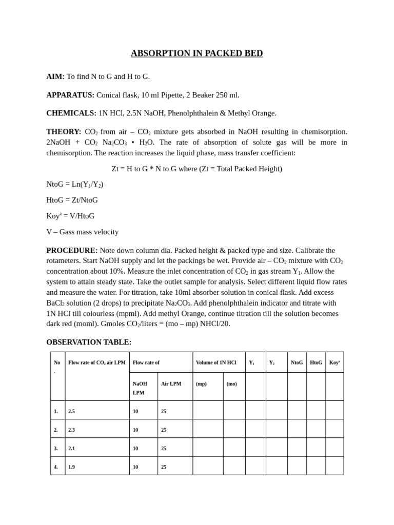 Packed Bed Absorption Experiment | PDF | Titration | Chemistry