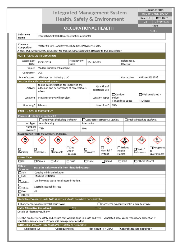 Ucc-Ims-Hse-6024d Coshh Assessment Cempatch Sbr100 (Don Construction ...