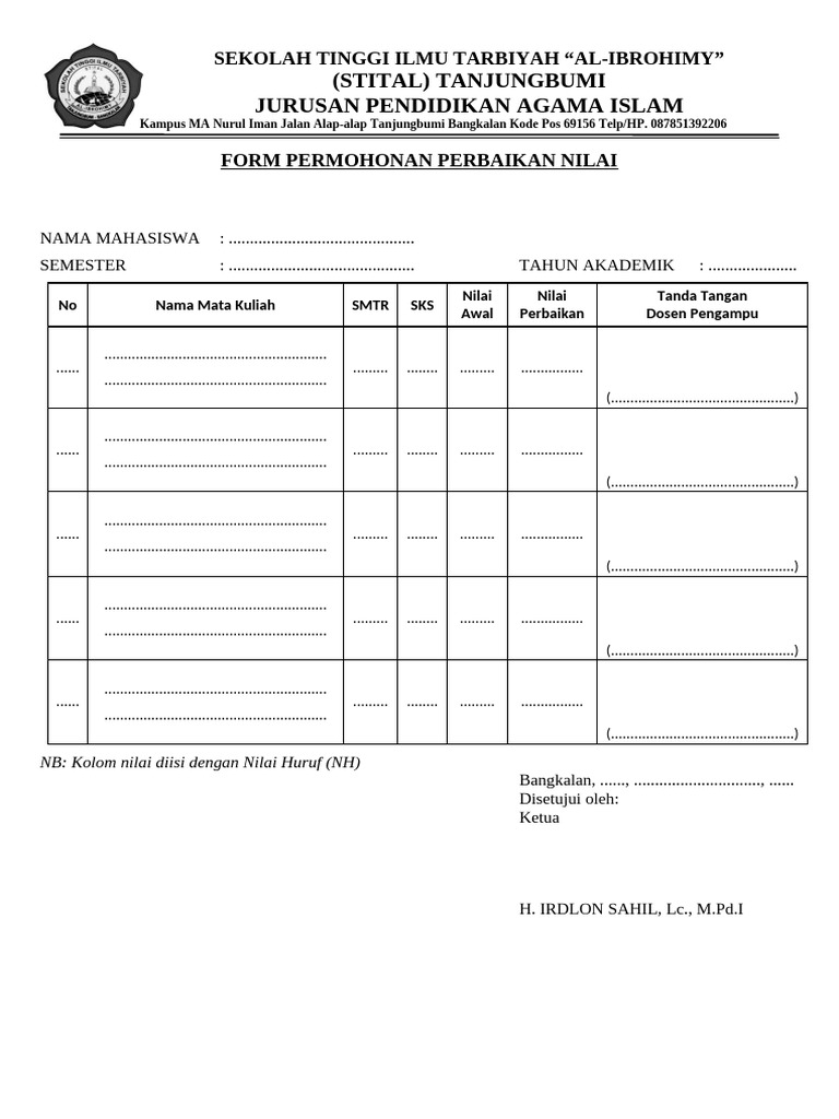 Formulir Perbaikan Nilai Mahasiswa STITAL | PDF