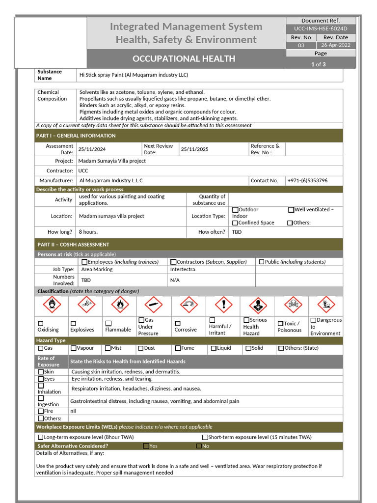 UCC-IMS-HSE-6024D COSHH Assessment Hi Stick Spray Paint (Al Muqarram ...