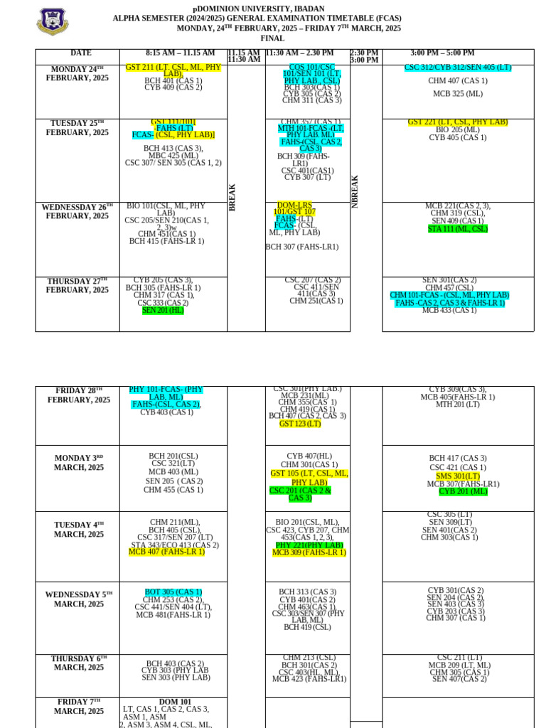 2025 Alpha Examination Time-Table (Fcas) | PDF | Inquiry | Science