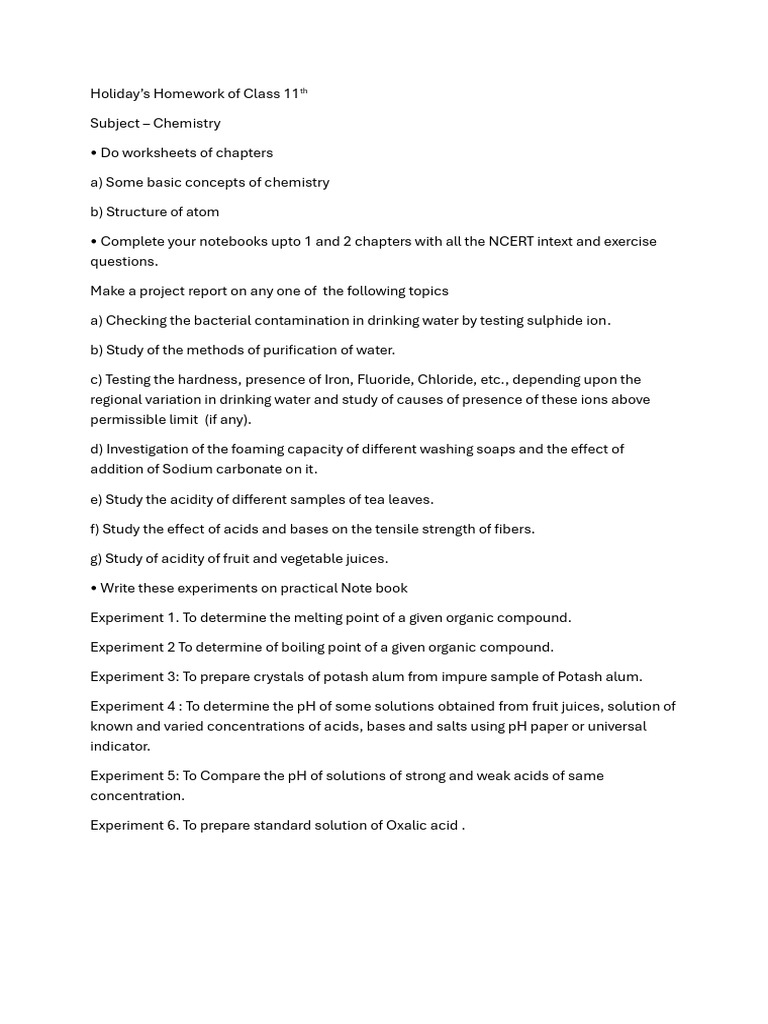 Chemistry 11th Holiday's Homework | PDF