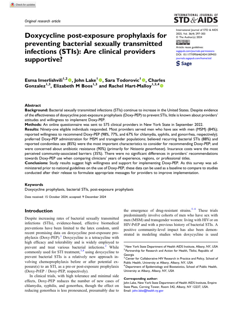 Imerlishvili Et Al 2024 Doxycycline Post Exposure Prophylaxis For ...