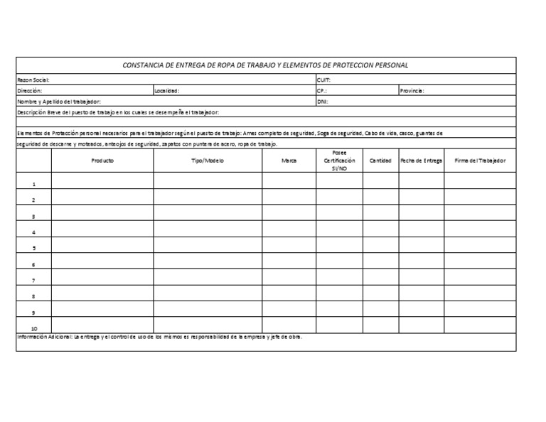 Planilla de Entrega de Epp RES 299