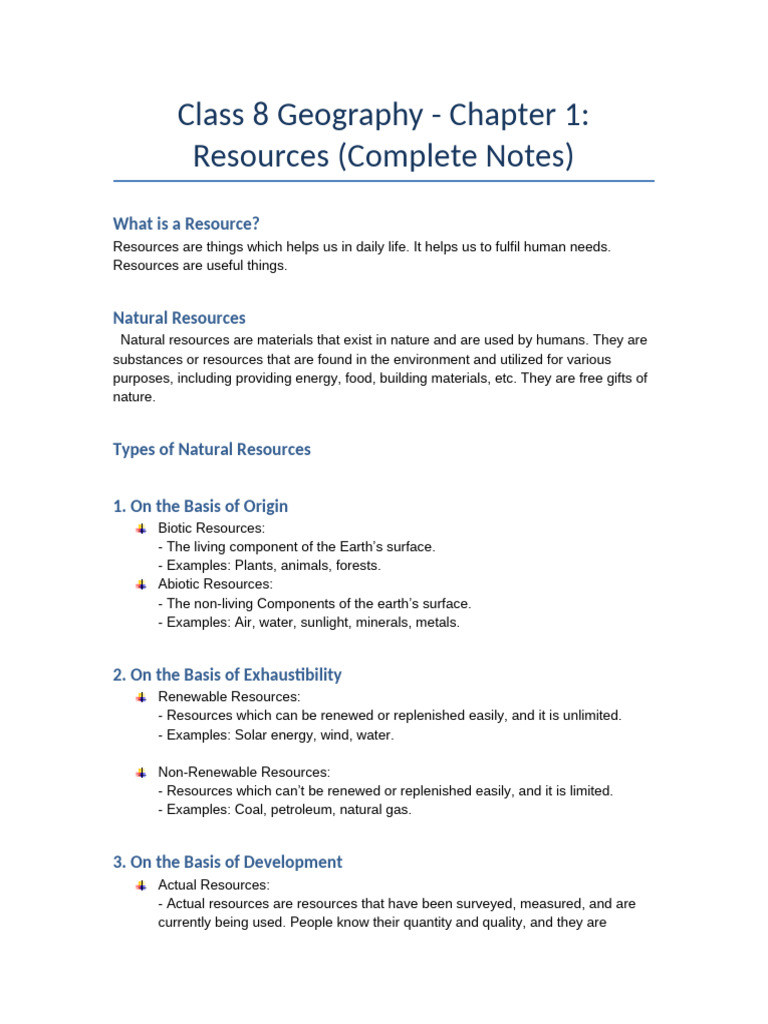 Class 8 Geography Chapter 1 Resources Notes | PDF | Sustainable ...