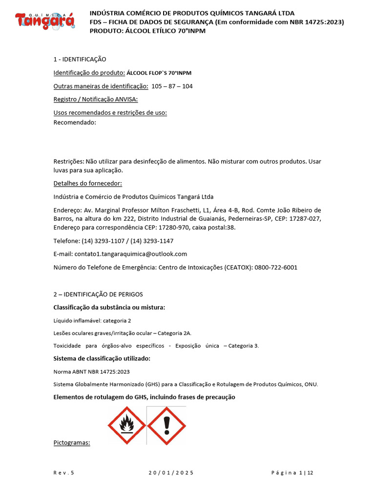 FDS - ÁLCOOL 70°INPM FLOP'S Rev.5 | PDF | Cloro | Etanol