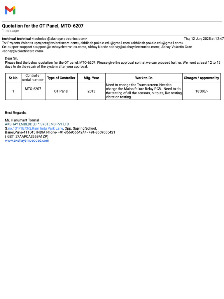 Quotation for OT Panel MTO-6207 | PDF