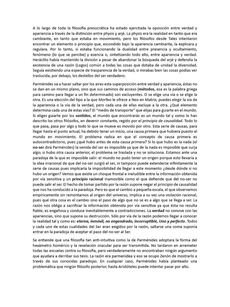 El Arjé según Parménides: Verdad y Apariencia | PDF | Verdad | Fenómeno