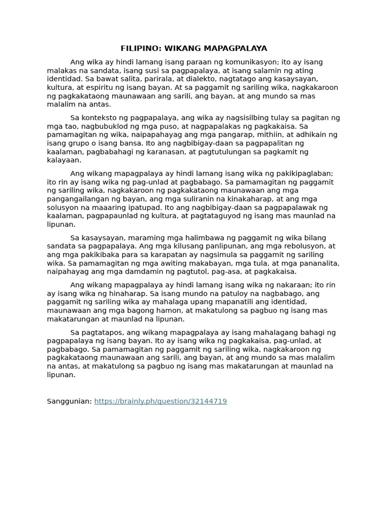 Filipino Wikang Mapagpalaya Sanaysay | PDF