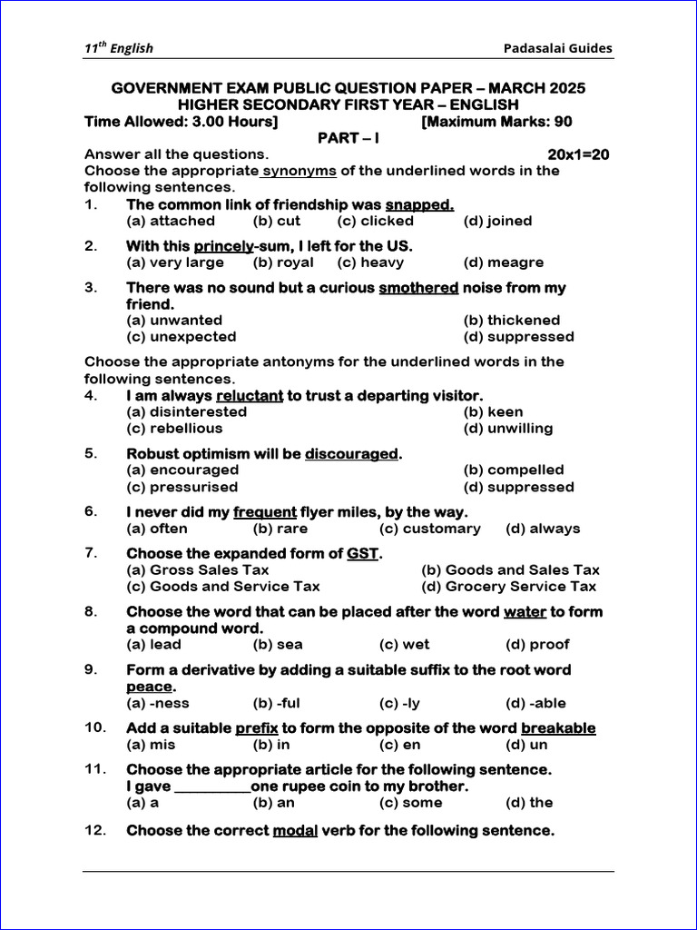 11th English Public Exam 2025 Question Paper Padasalai Guides PDF ...