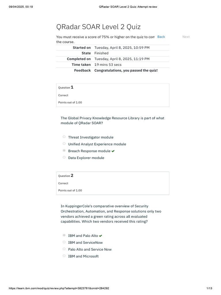 QRadar SOAR Level 2 Quiz - Attempt Review | PDF | Cloud Computing | Computing