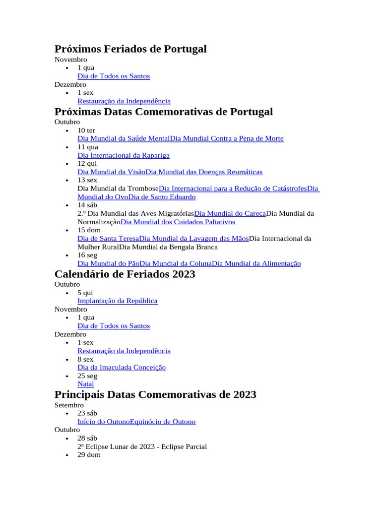 Próximos Feriados em Portugal 2023 | PDF