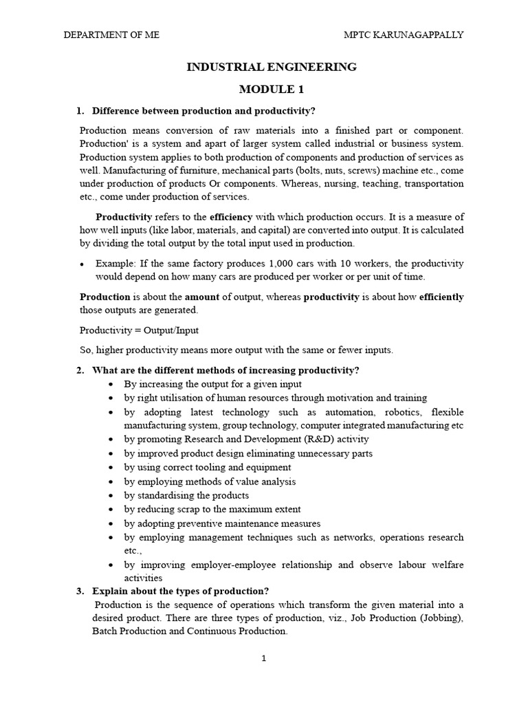 Industrial Engineering m1 | PDF | Inventory | Mass Production