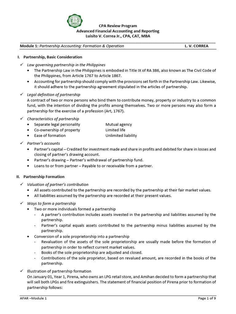 Module 1 - Partnership Formation and Operation | PDF | Partnership ...