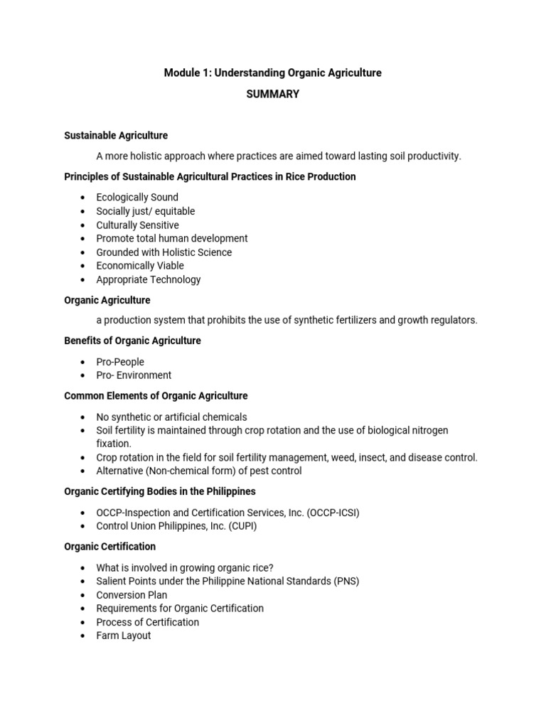 Organic Rice Production Module 1 Summary | PDF