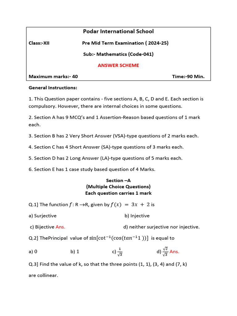 Revised CB As XII Math Pre Mid Term | PDF | Matrix (Mathematics ...
