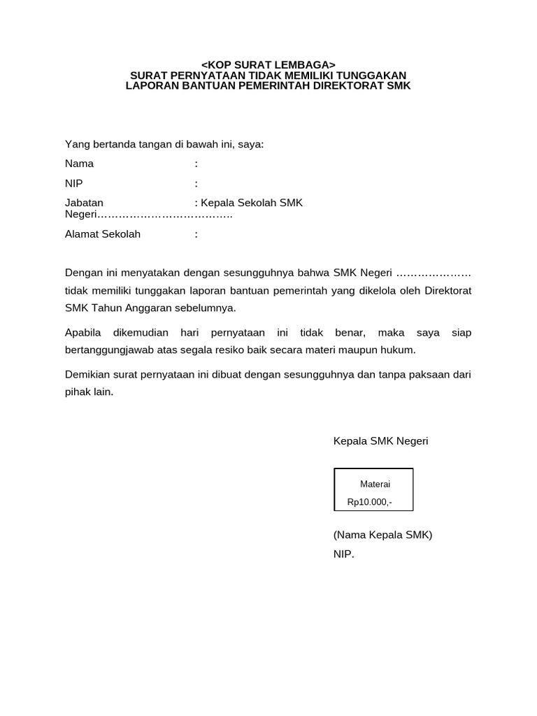Format Surat Pernyataan Tunggakan Laporan | PDF