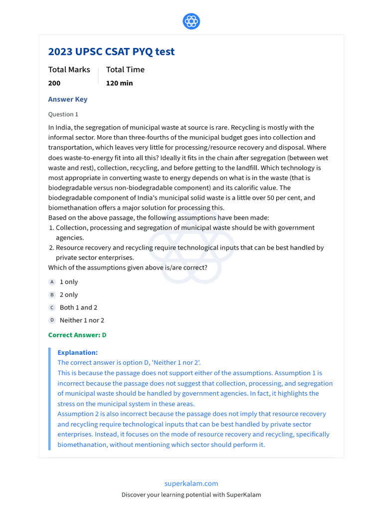 2023 UPSC CSAT PYQ Test Answer Key | PDF | Agriculture | Climate Change
