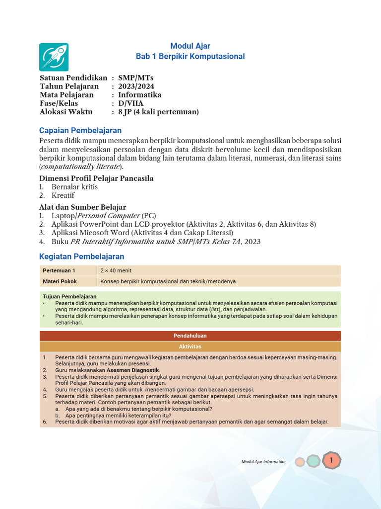 Modul Ajar PR Informatika 7A 2023-2024 Bab 1 | PDF