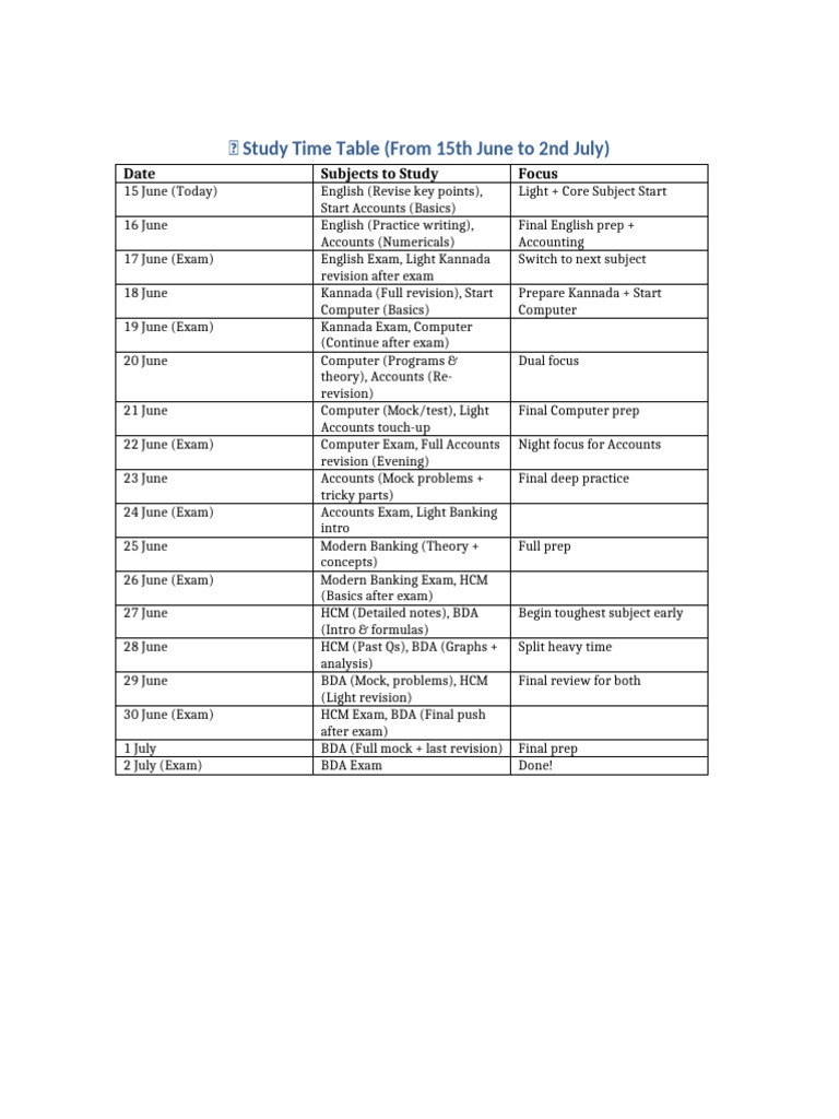 Study Timetable June2025 | PDF