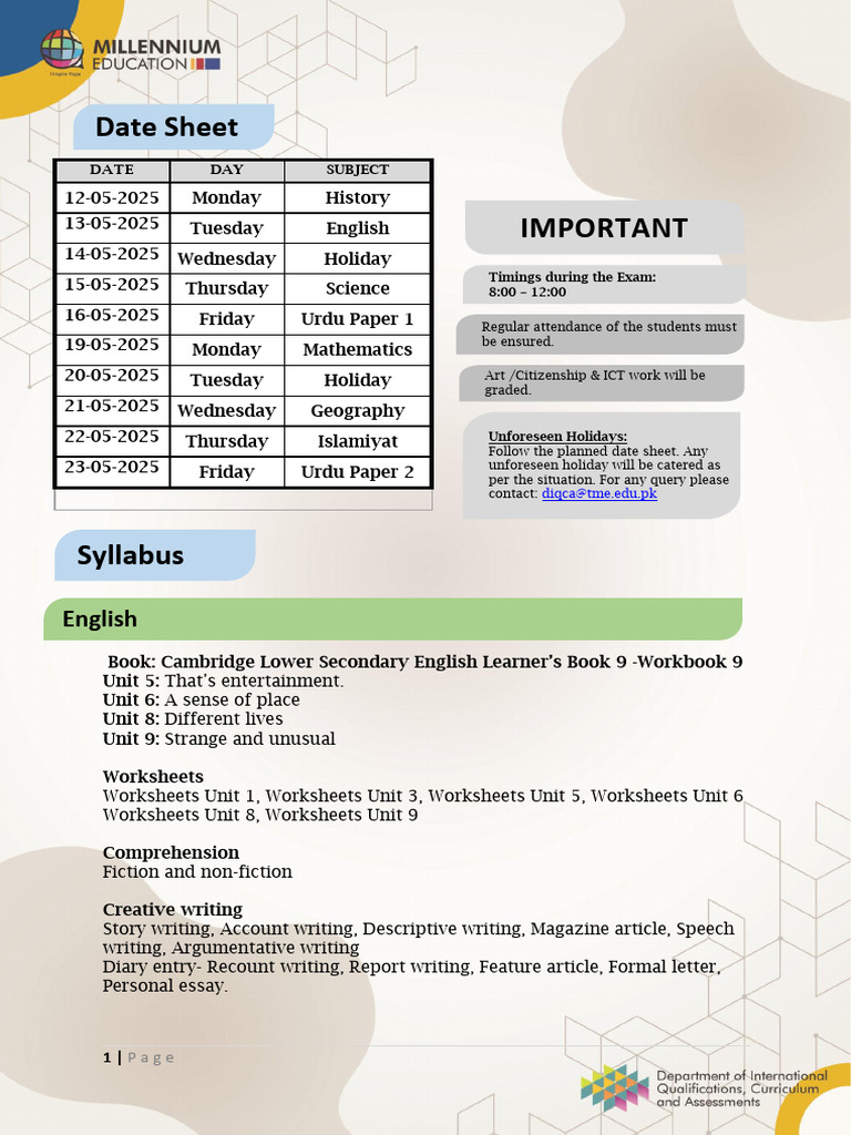 Grade 8 Date Sheet Final Examination2025 | PDF | Area | Mathematics