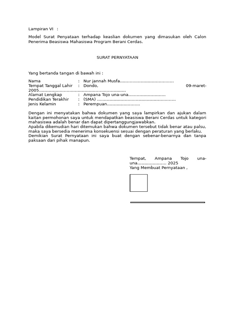 Alon Penerima Beasiswa Mahasiswa Program Berani Cerdas. | PDF