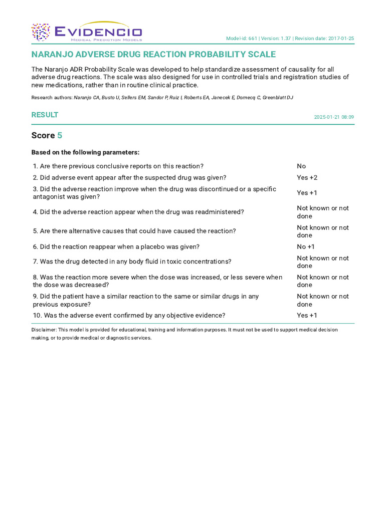 Naranjo Adverse Drug Reaction Probability Scale - Evidencio | PDF ...