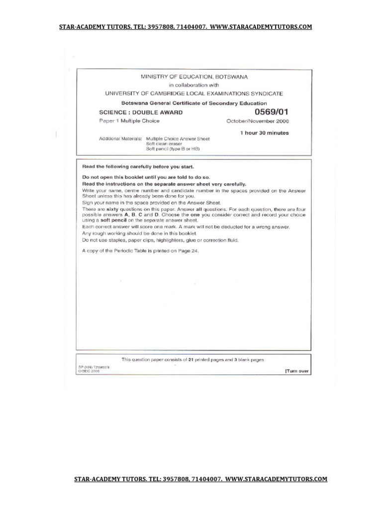 BGCSE Science (Double Award), Paper 1, 2006 | PDF