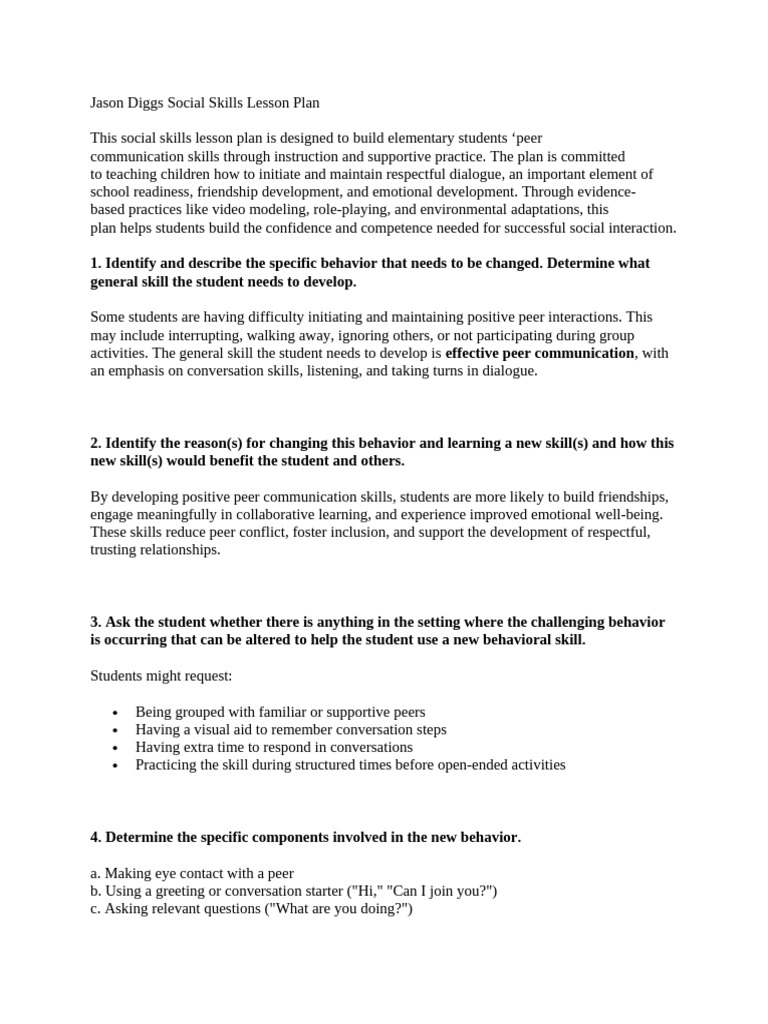 Jason Diggs Social Skills Lesson Plan | PDF | Communication | Social Skills