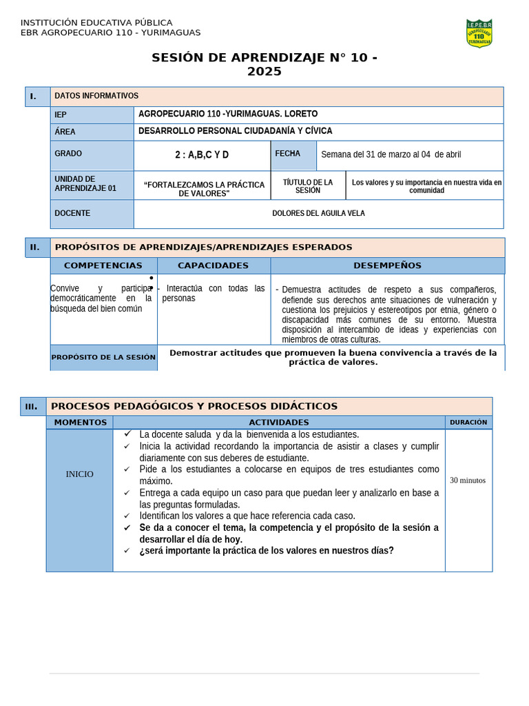 Sesión de Aprendizaje DPCC #01 - 2 Secundaria | PDF