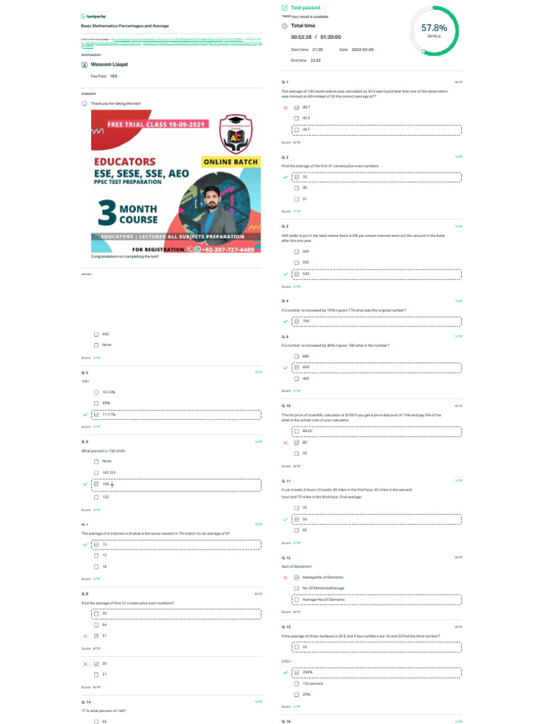 Basic Mathematics Percentages and Average - Test Summary | PDF ...