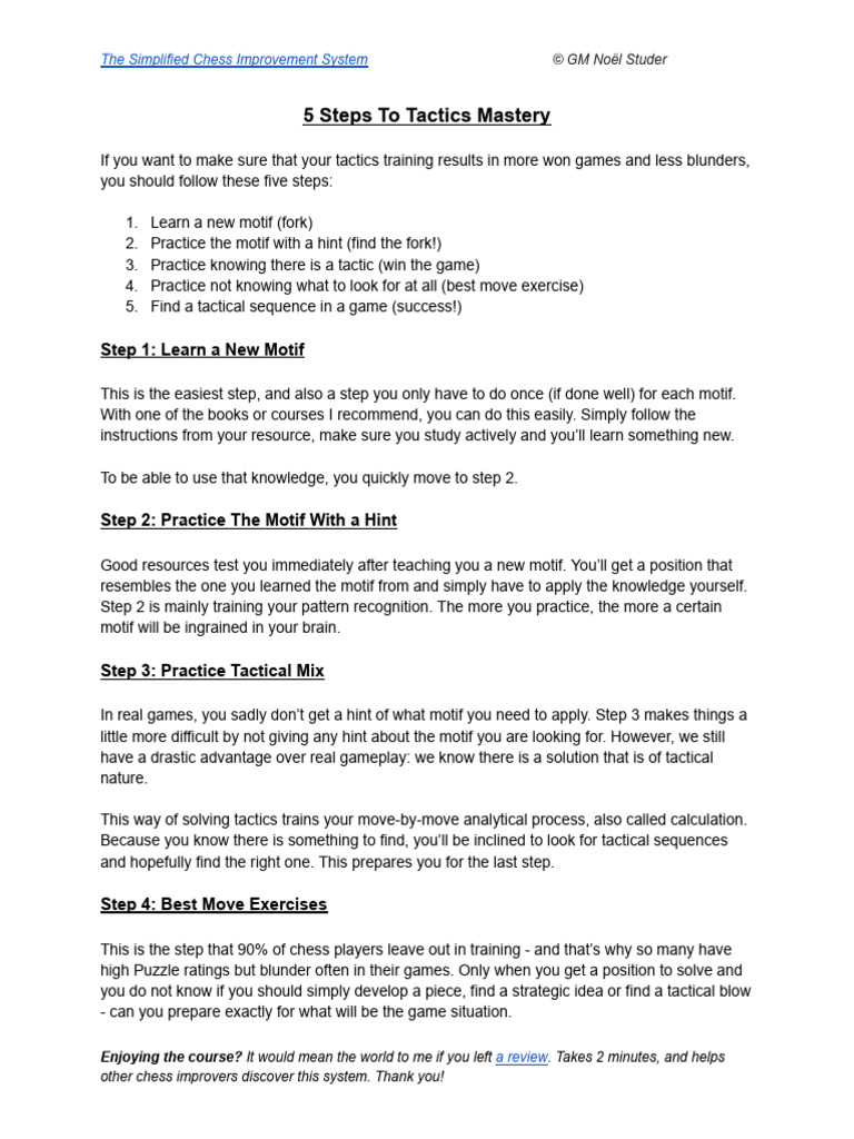 5 Steps To Tactics Mastery - Summary - Execution | PDF | Chess