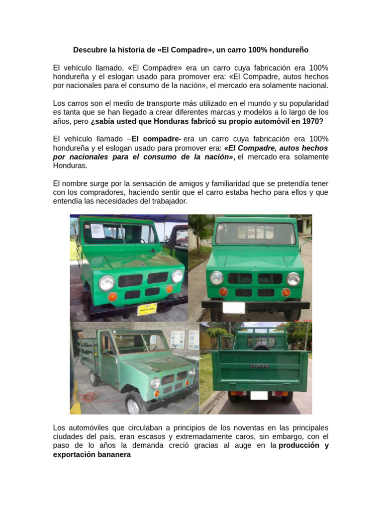 Historia del carro hondureño "El Compadre" | PDF | Honduras | Vehículos ...