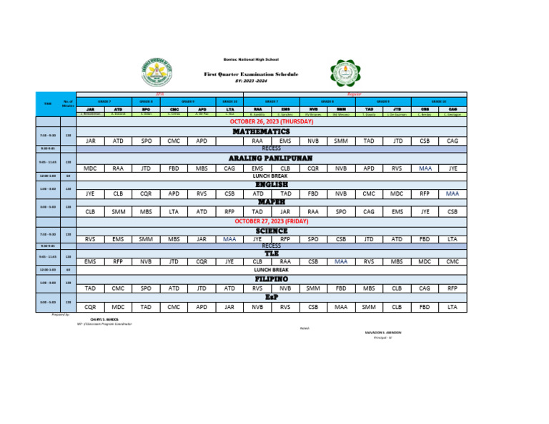 First Quarter Exam Schedule 2023 2024 | PDF