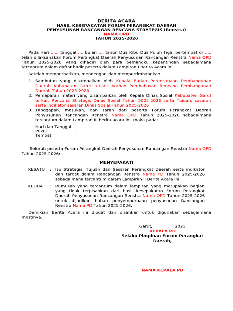 Berita Acara Hasil Kesepakatan Forum Perangkat Daerah Rancangan Renstra ...