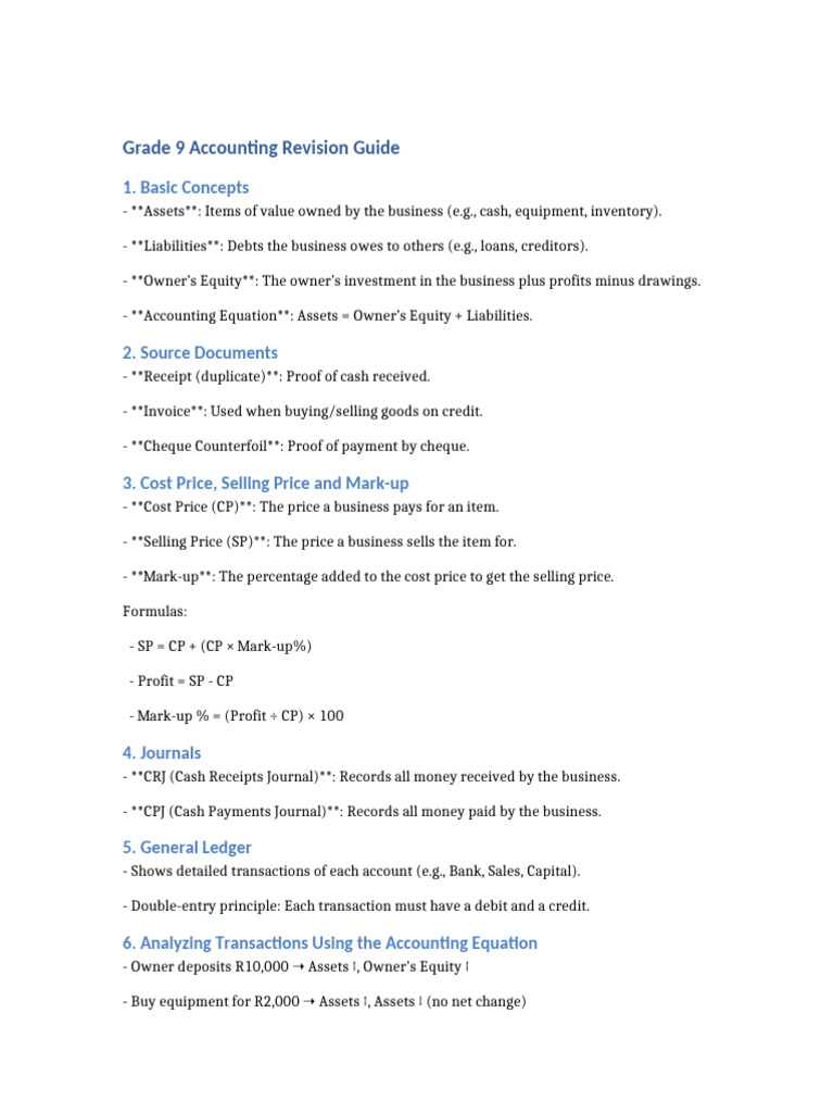 Grade 9 Accounting Revision Guide | PDF