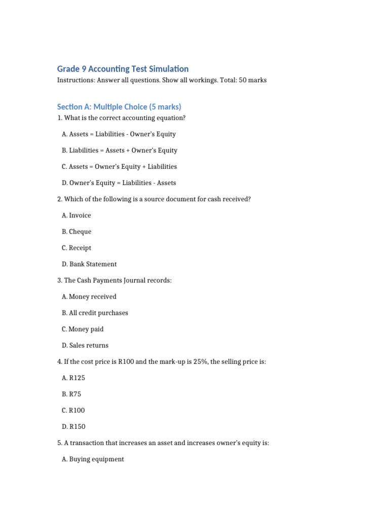 Grade 9 Accounting Test Simulation | PDF