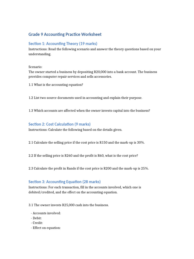 Grade 9 Accounting Practice Worksheet | PDF | Debits And Credits | Money