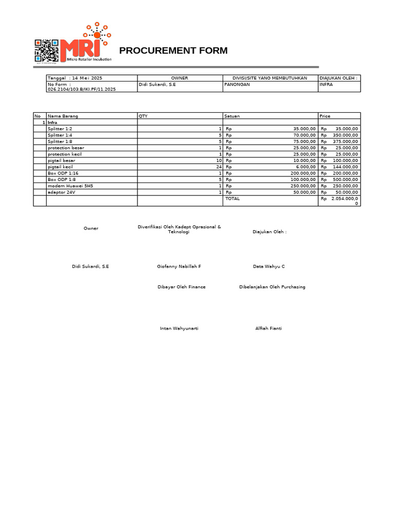 Procurement Form for Infra Equipment | PDF