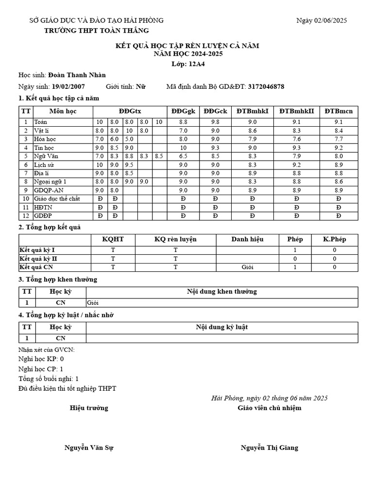 Phieu Diem HS 12a4 Namhoc 20242025 | PDF