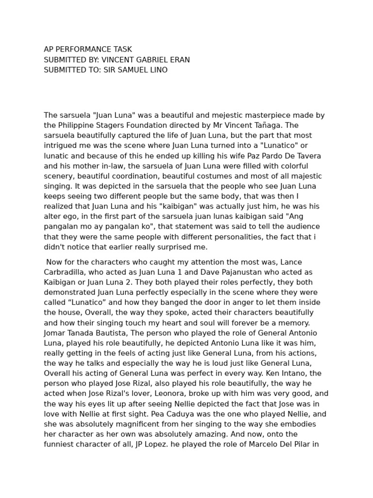 AP PERFORMANCE TASK Sarsuela (English) | PDF