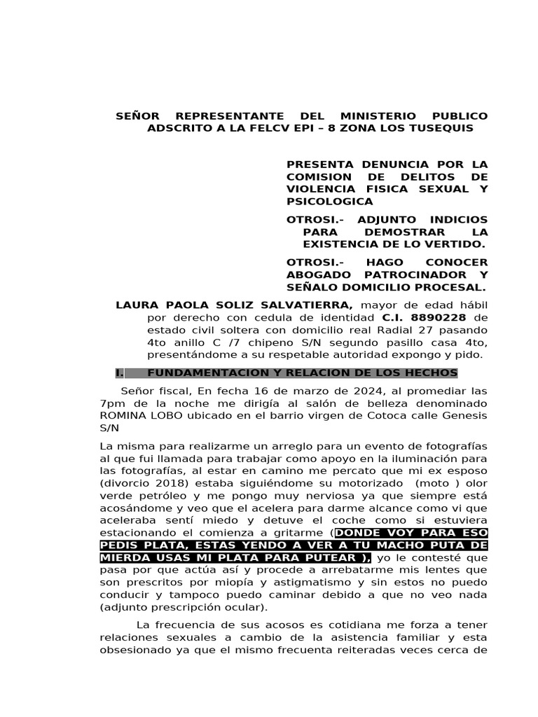 Denuncia Laura Soliz Salvatierra | PDF | Violencia | Fiscal