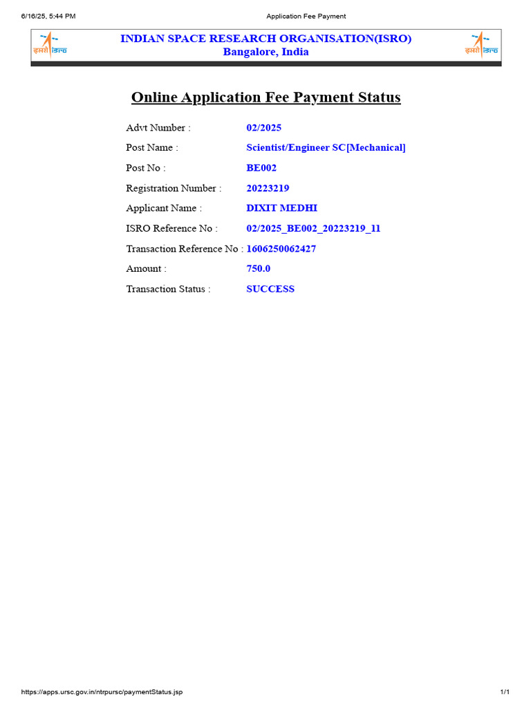 ISRO Application Fee Payment | PDF