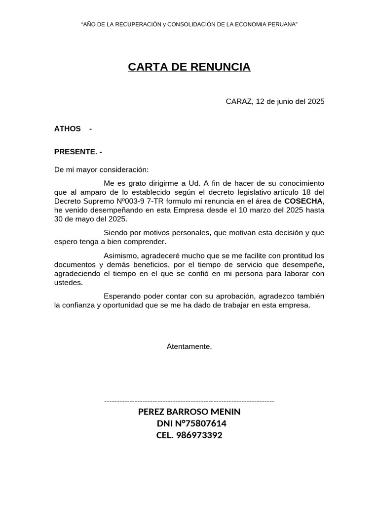 Carta de Renuncia Voluntaria. Athos Castillo Vega Hugo Esteban Por ...