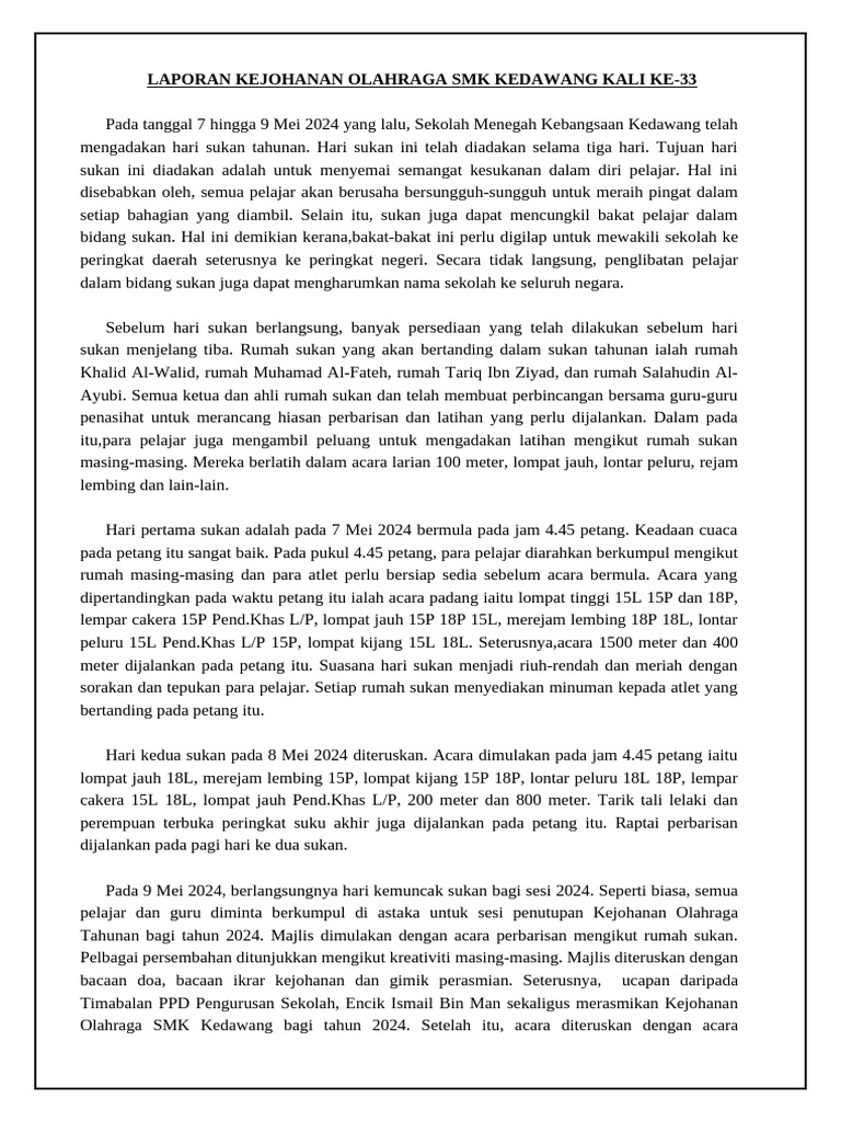 Laporan Kejohanan Olahraga SMK Kedawang 2024 | PDF